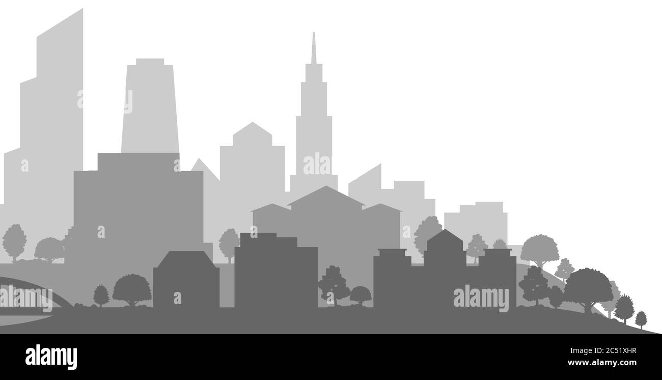 Grey skyline of present-day city with houses and office buildings on ...