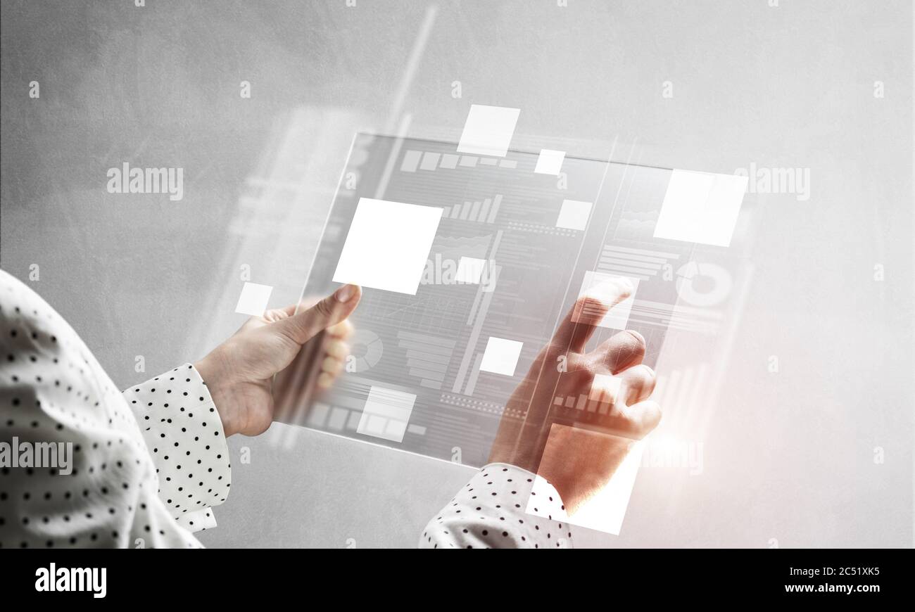 Businesswoman hands using virtual interface Stock Photo - Alamy