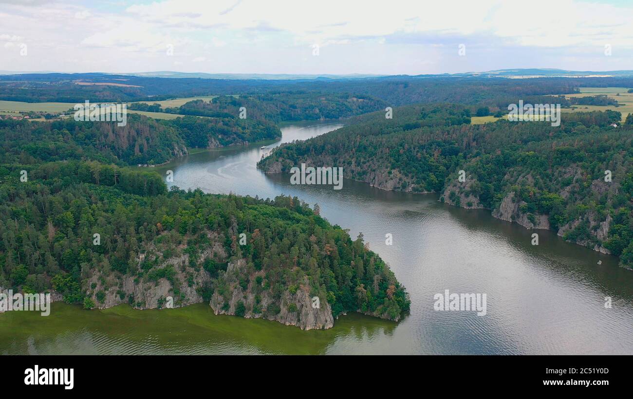 Aerial view of confluence of two rivers Vltava and Otava next to ...