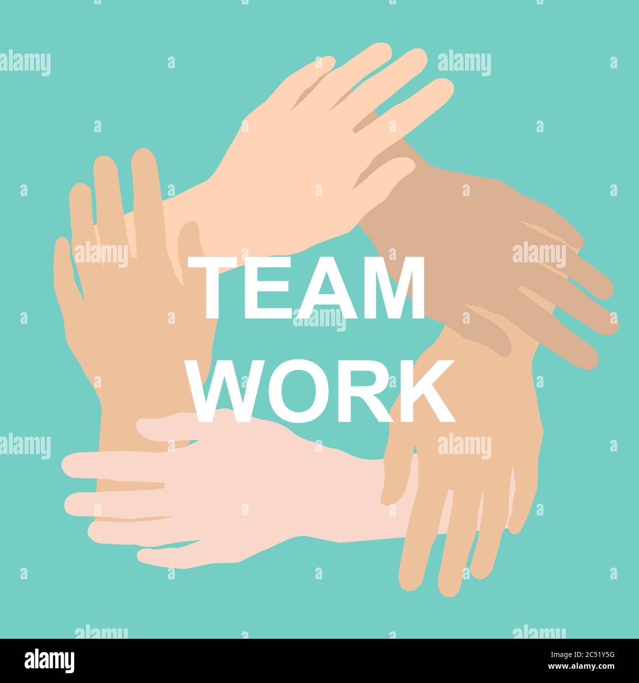 Flat vector illustration with hands joined together and word TEAMWORK ...
