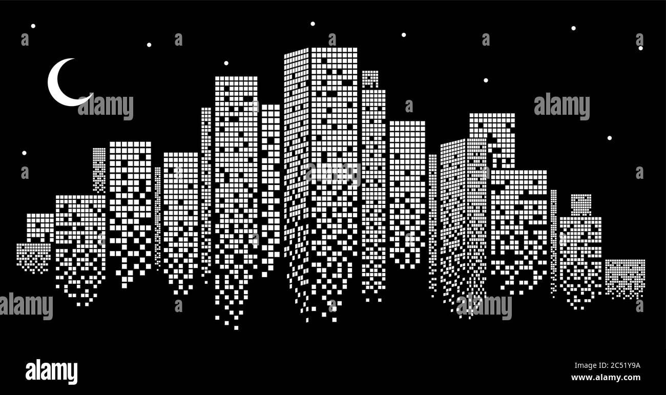 Contemporary city skyline with high rise buildings at night, vector ...
