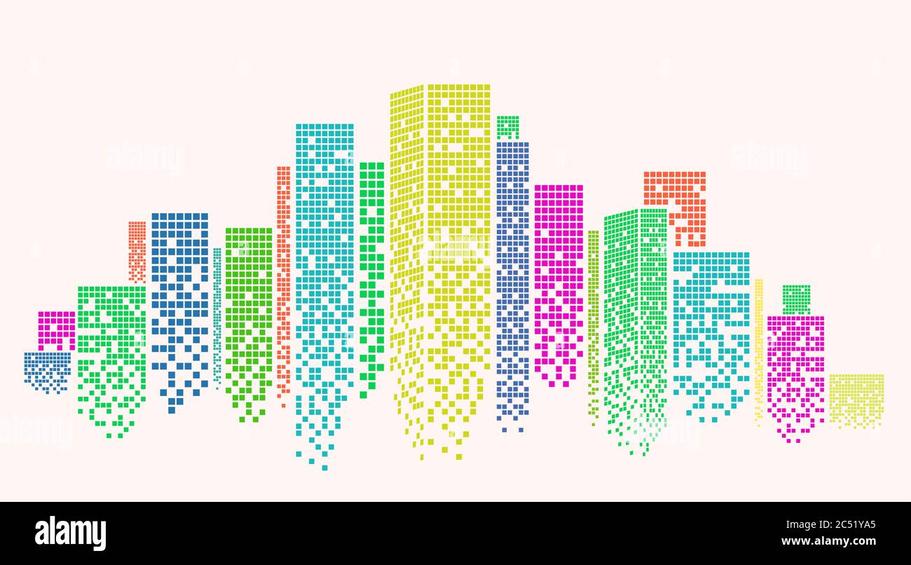 Outline of metropolitan area with colorful skyscrapers on white ...