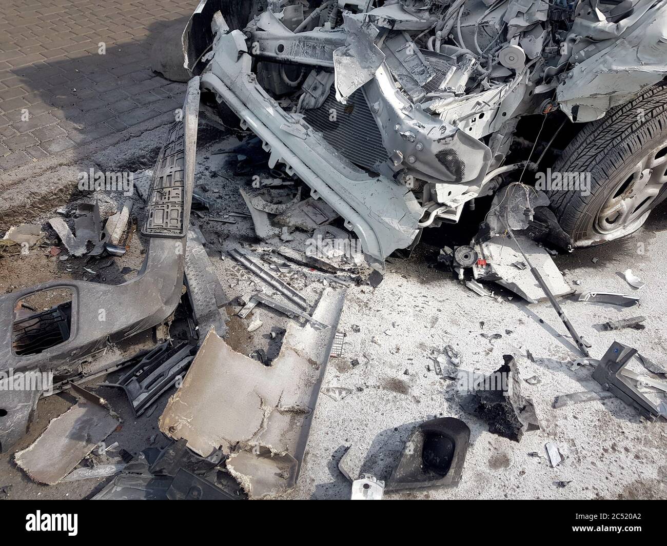 front part of suv car destroyed by accident frontal impact and covered ...