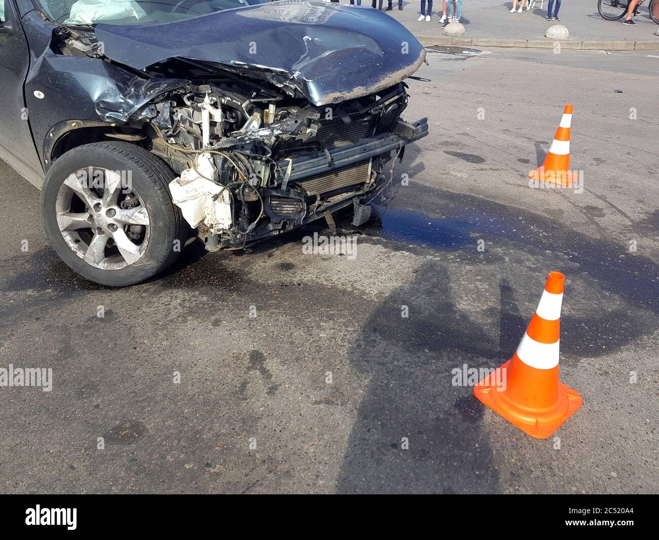 wrecked suv car after a head-on collision damaged fender and engine ...