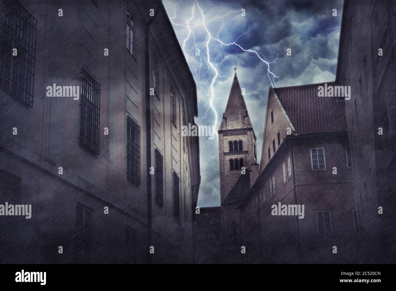 Heavy storm, rain and lighting in medieval town. Digital illustration ...