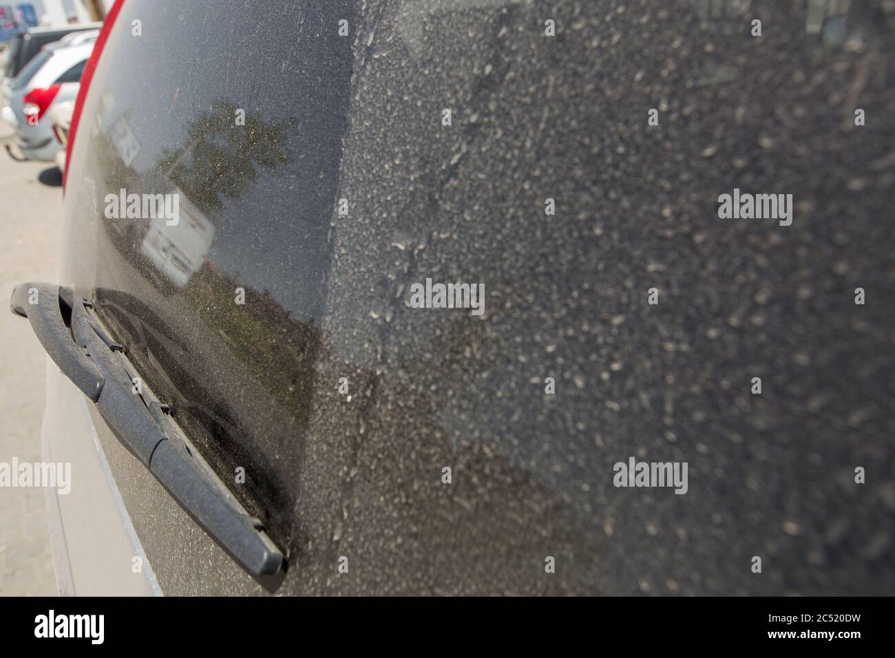 back window wiper blade of a dirty car covered in dry mud side view of ...