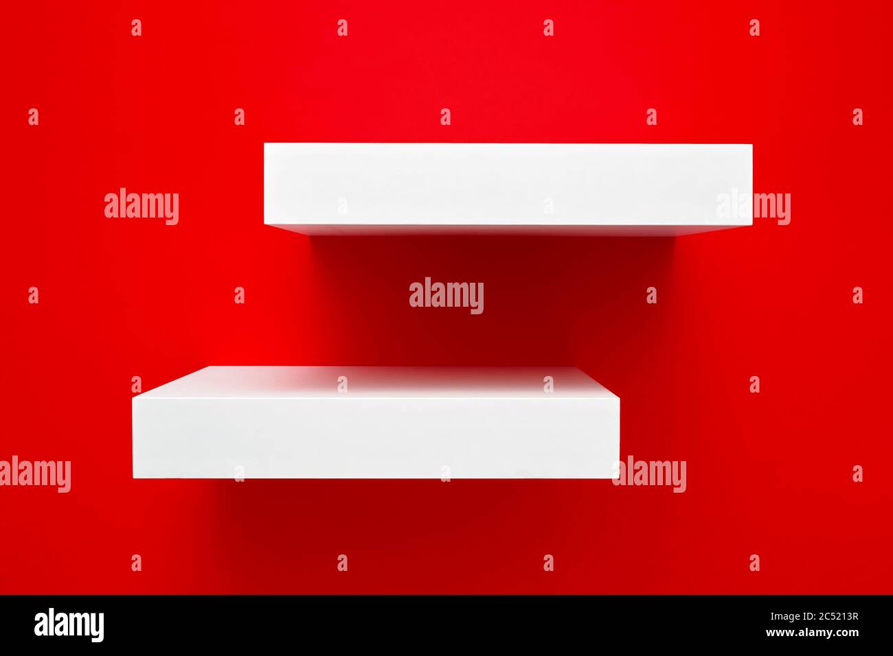 Empty white shelves on red background. Blank product shelves panel ...