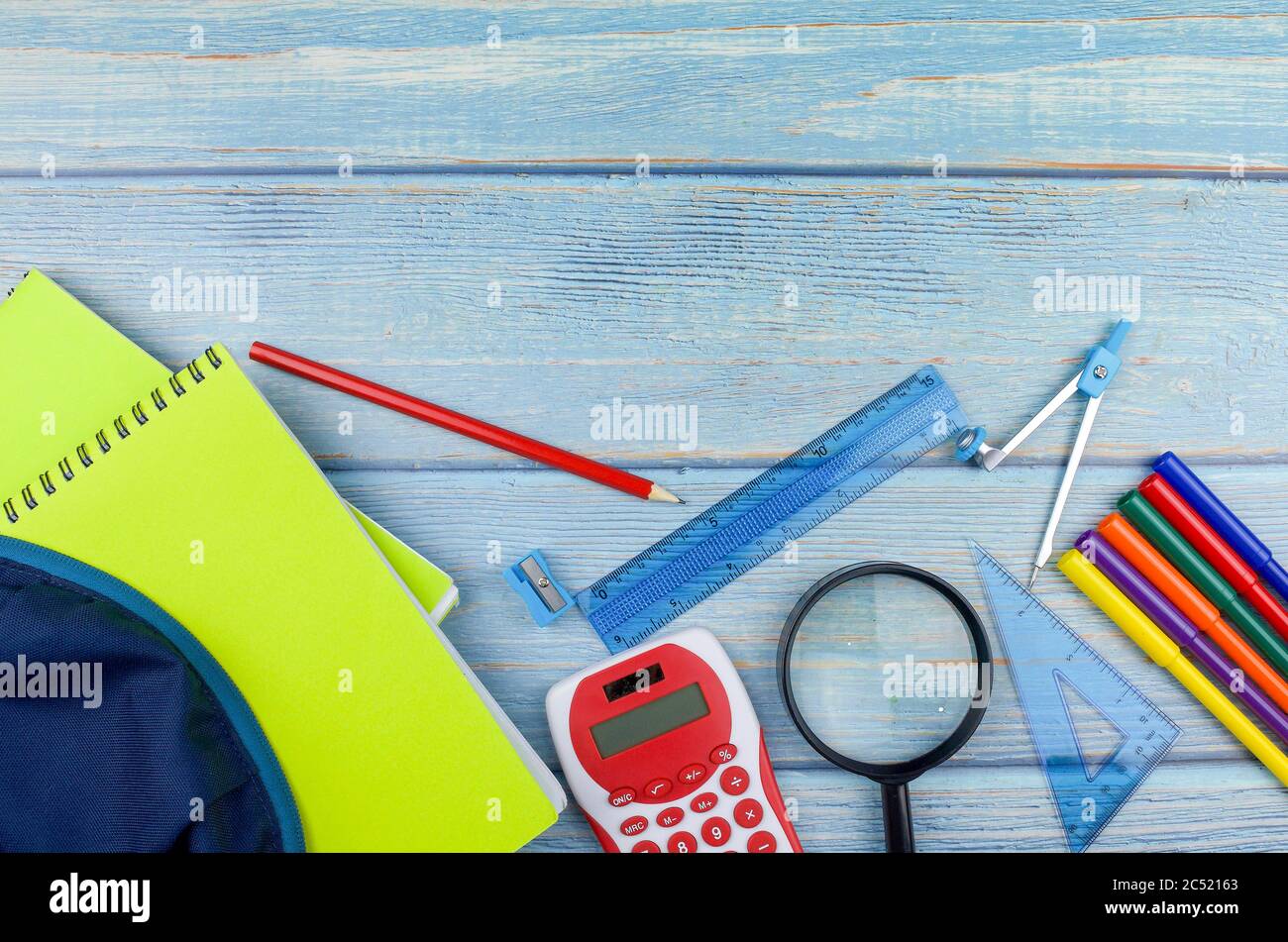 Student backpack and various school supplies, studing, education and ...