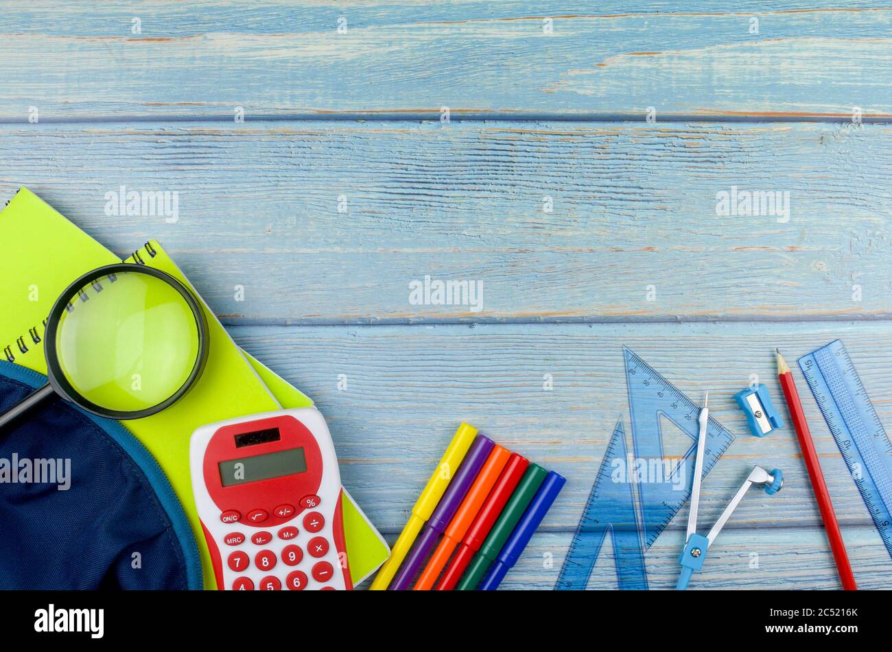 Student backpack and various school supplies, studing, education and ...