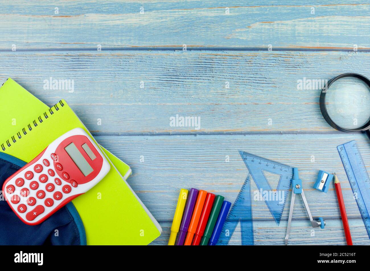 Student backpack and various school supplies, studing, education and ...