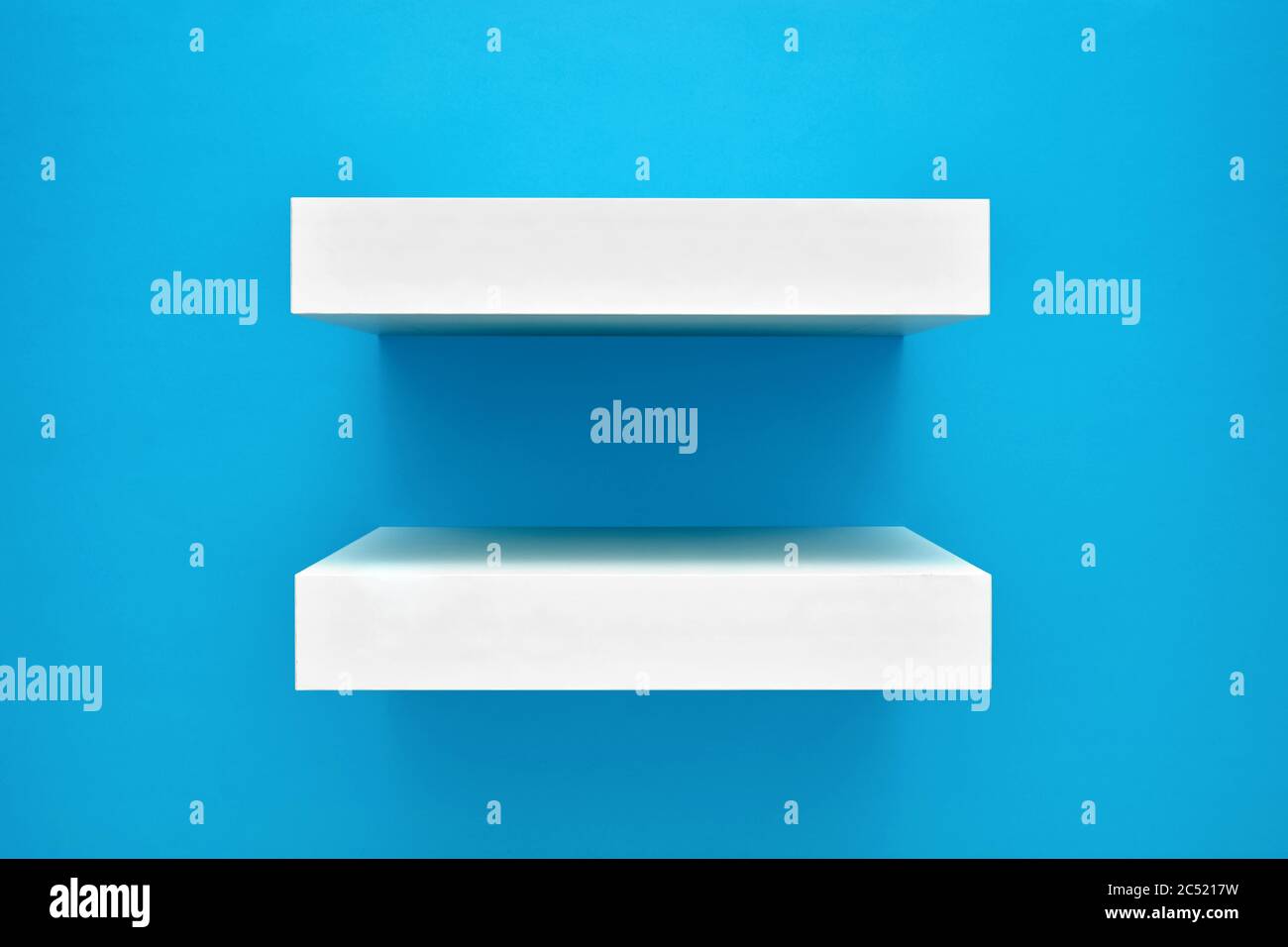 Empty white shelves on blue background. Blank product shelves panel for ...
