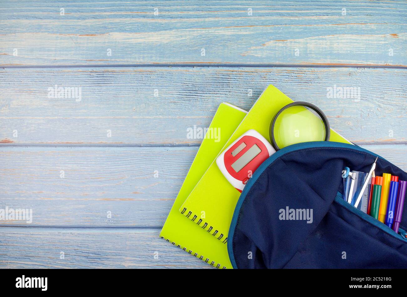 Student backpack and various school supplies, studing, education and ...