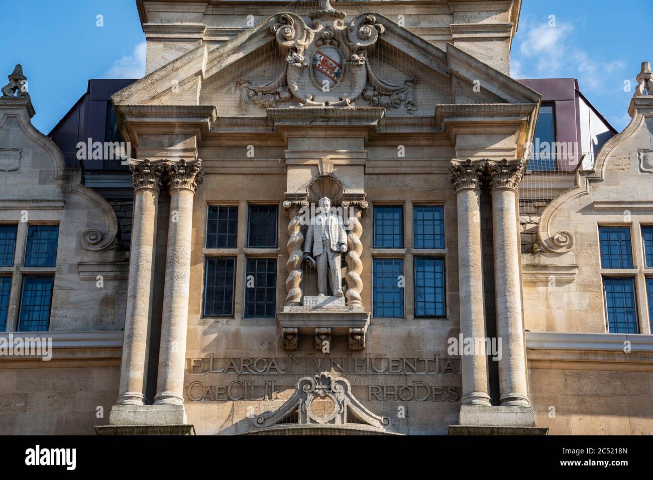 Statue of Cecil Rhodes on the frontage of Oriel College, High Street, Oxford. The statue was the ...