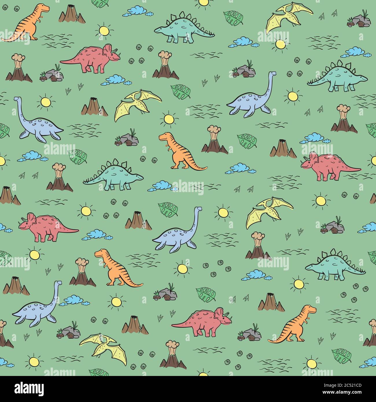 Cute dinosaurs seamless pattern. Funny cartoon dino. Hand drawn vector doodle design for kids ...