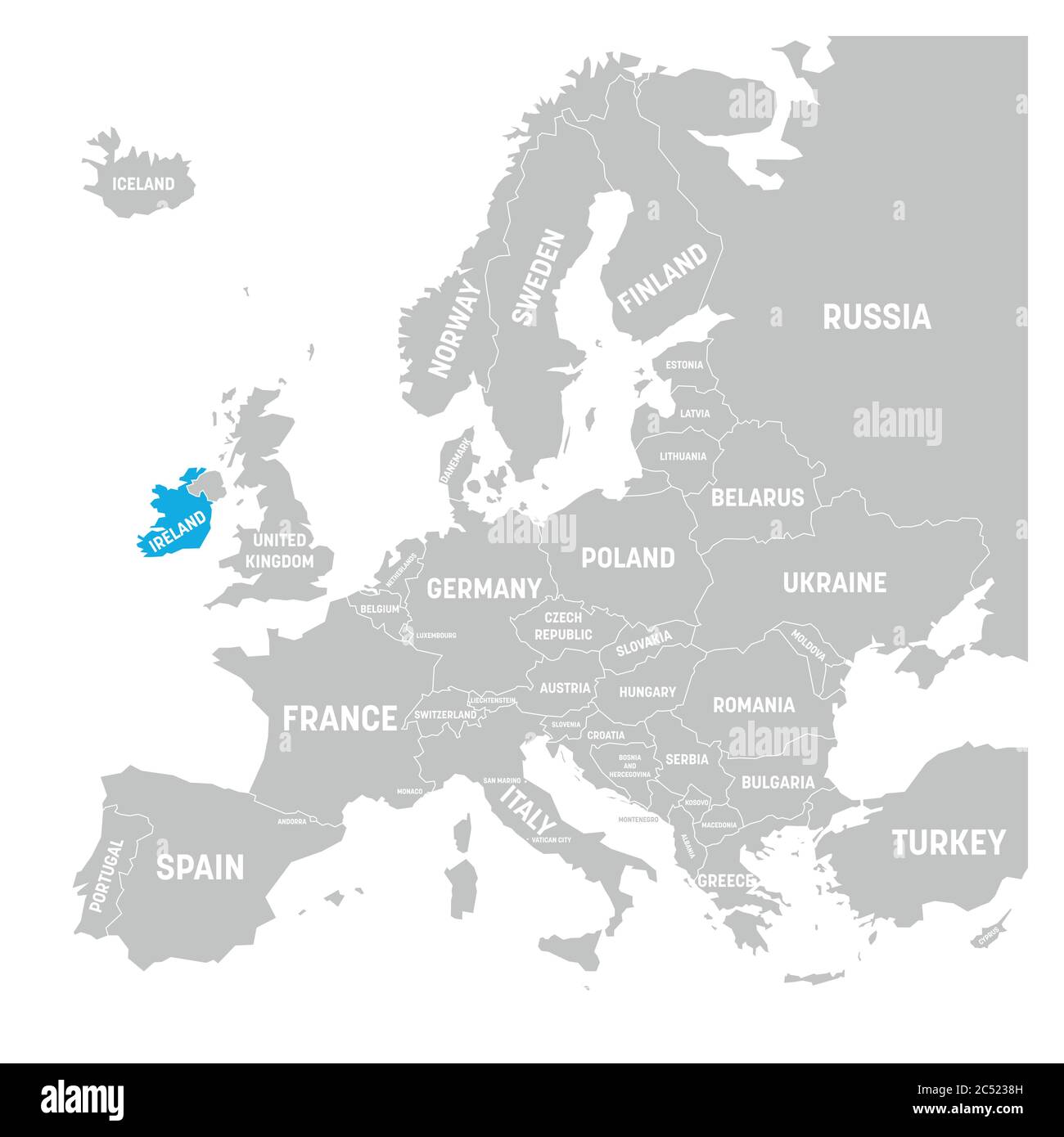 Ireland marked by blue in grey political map of Europe. Vector ...