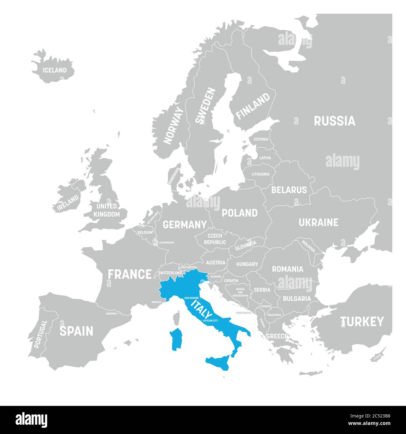 Italy marked by blue in grey political map of Europe. Vector ...