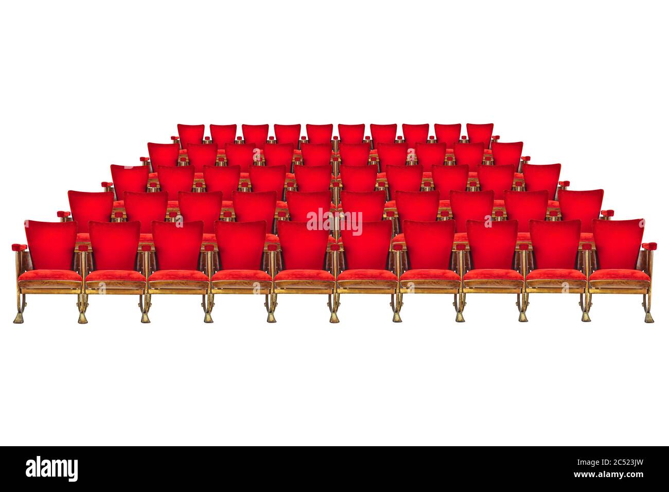 Five rows of vintage red cinema chairs isolated on a white background ...