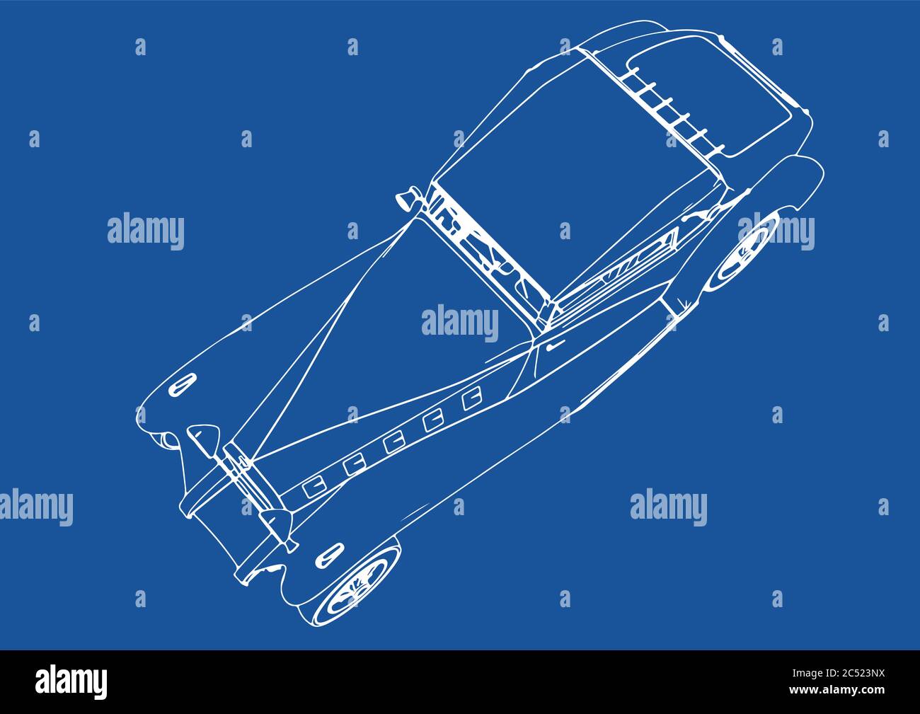 drawing of a retro car on a blue background vector Stock Vector Image ...