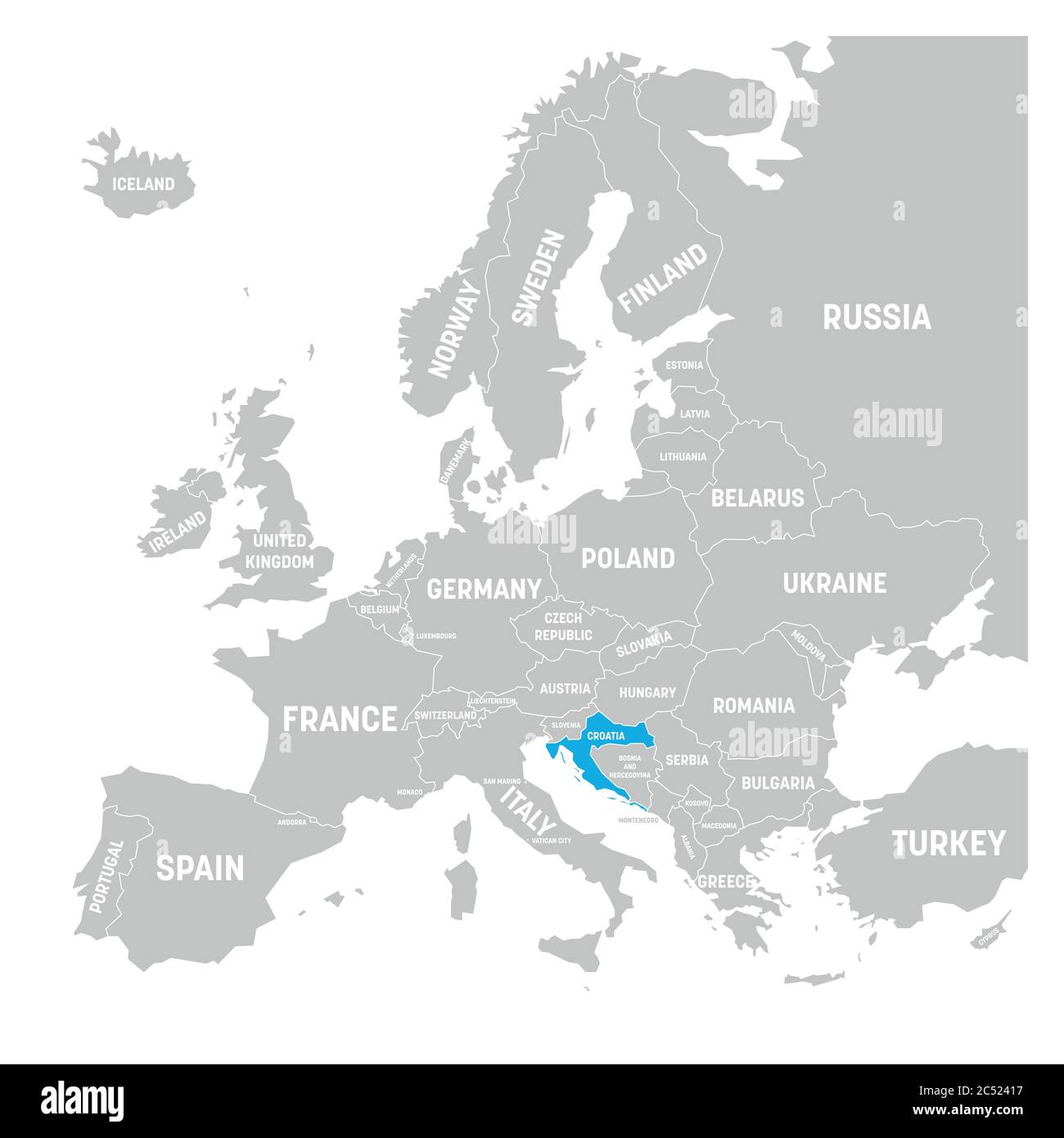 Croatia marked by blue in grey political map of Europe. Vector ...