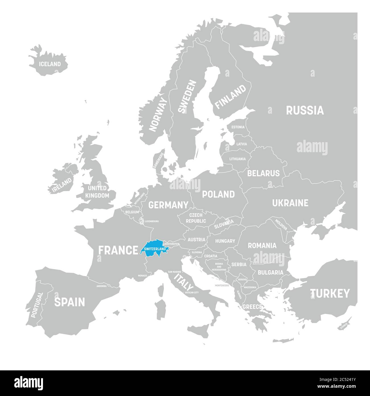 Switzerland marked by blue in grey political map of Europe. Vector ...