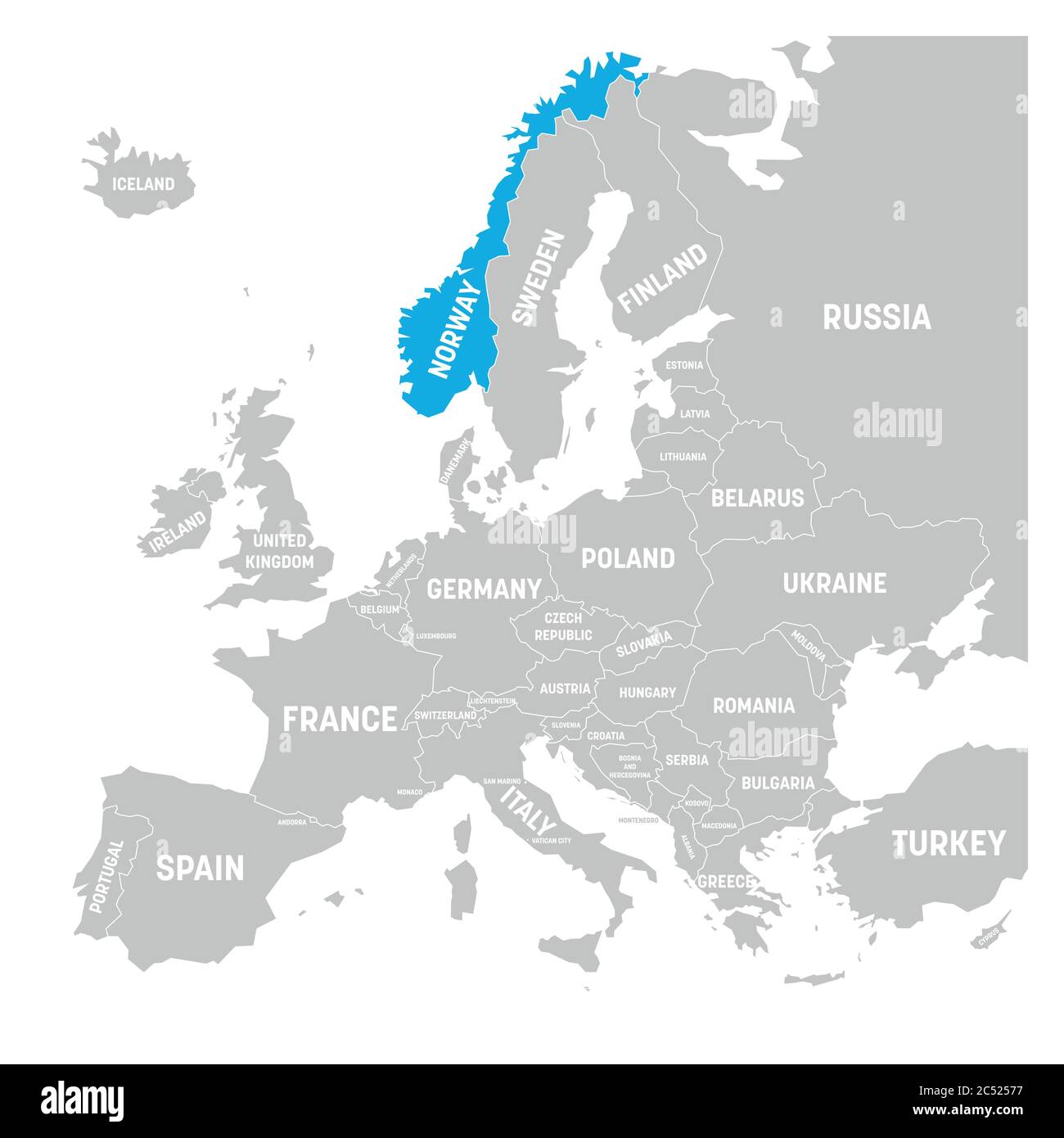 Norway marked by blue in grey political map of Europe. Vector ...