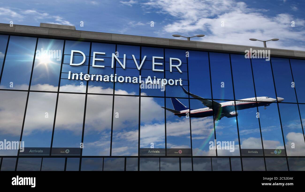 Jet aircraft landing at Denver, Colorado, USA 3D rendering animation ...