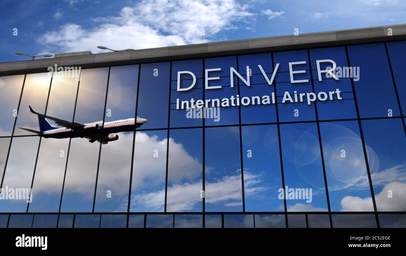 Jet aircraft landing at Denver, Colorado, USA 3D rendering animation ...