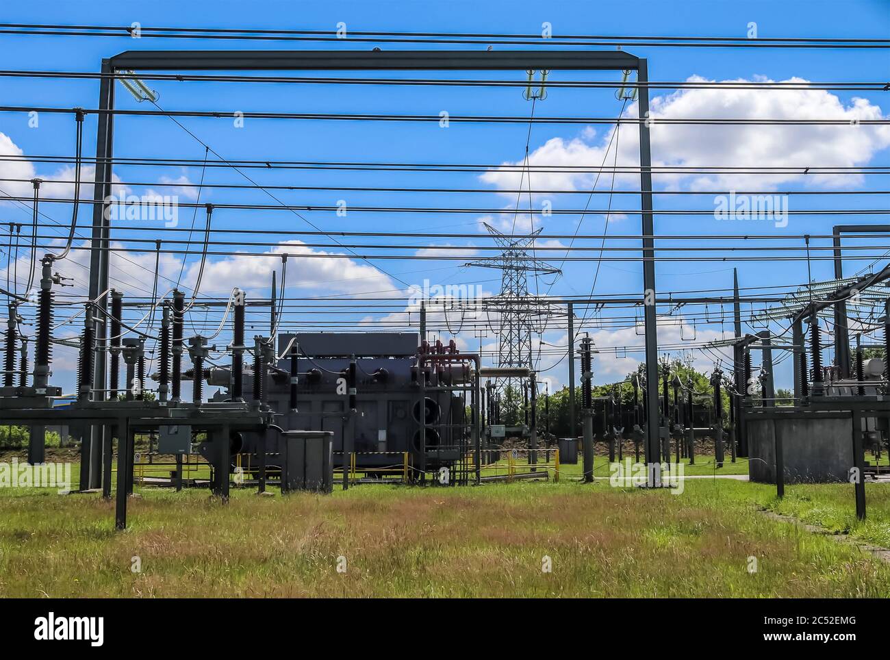 Electrical Transformer. Distribution of electric energy at a big ...