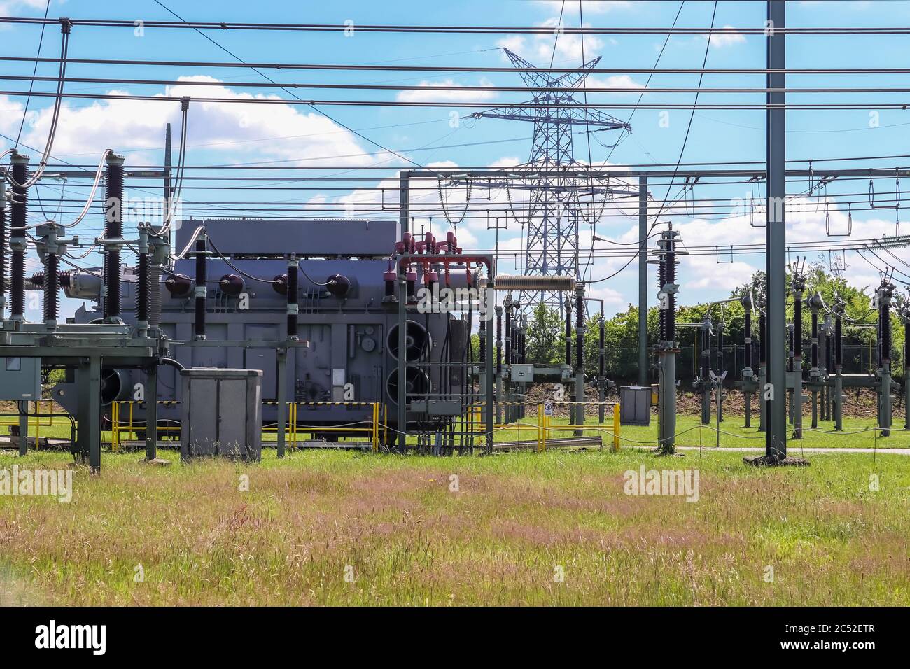 Electrical Transformer. Distribution of electric energy at a big ...