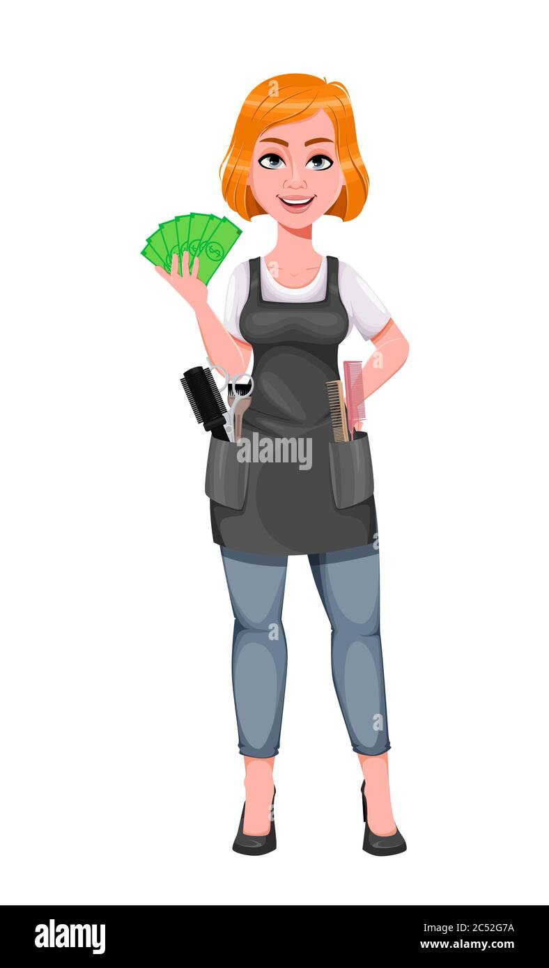 Beautiful redhead girl hairdresser holds money. Cute woman barber ...