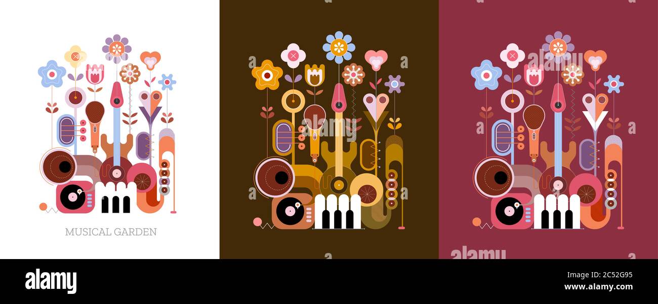 Flowers and Musical Instruments vector illustration. Blossoming flowers ...