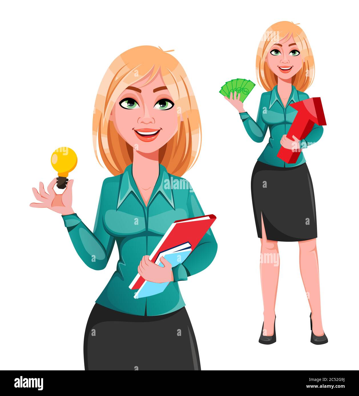 Young successful business woman, set of two poses. Blond businesswoman ...