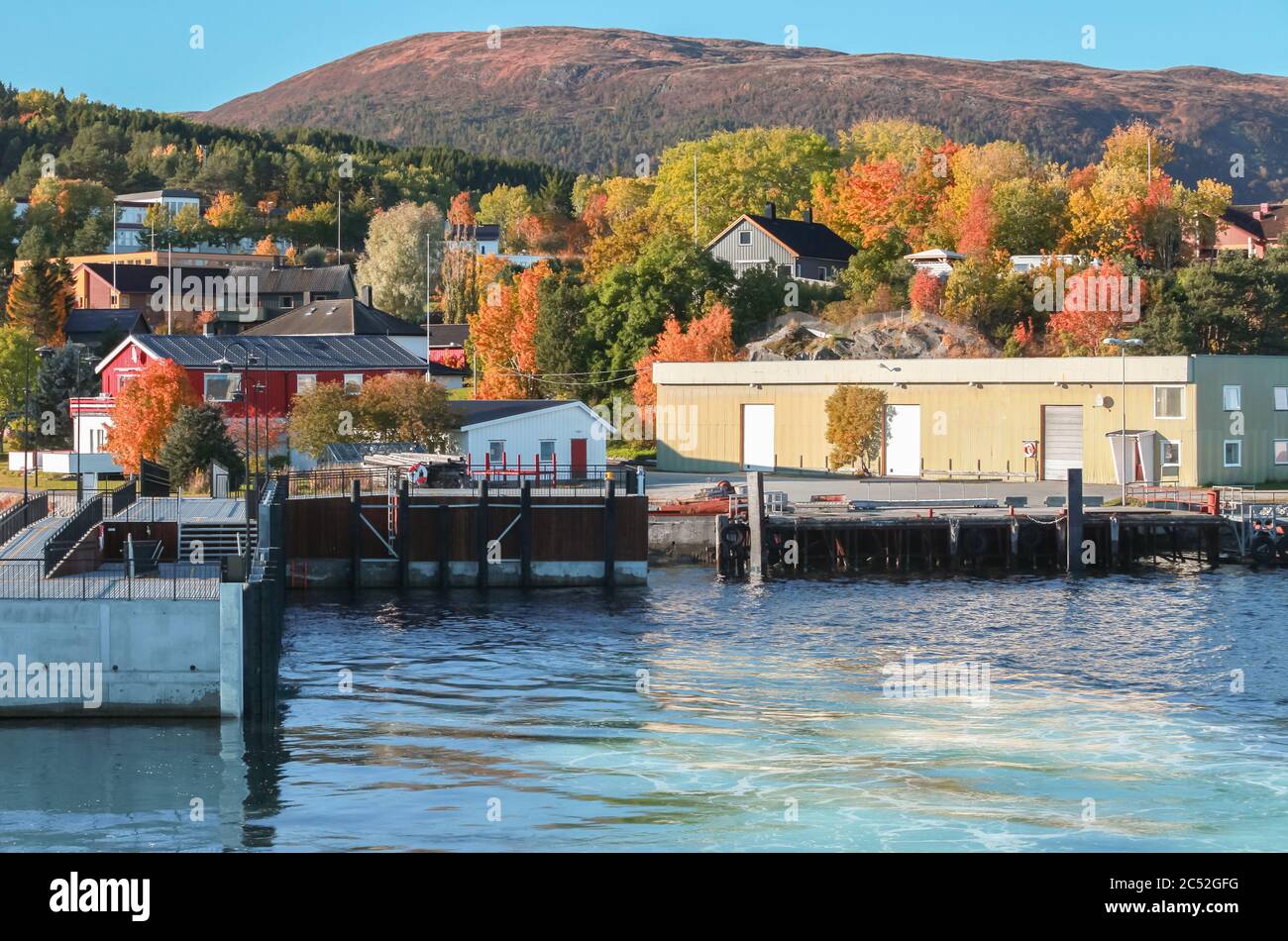 Coastal landscape with ferry pier of Lensvik harbor, Norway Stock Photo ...