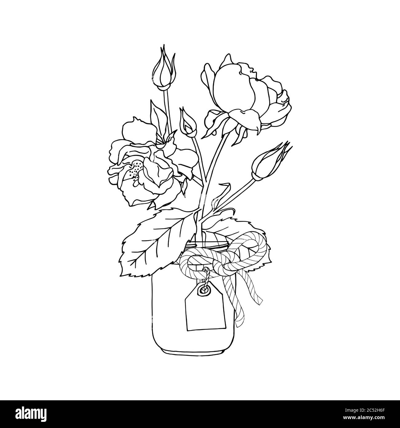 Hand drawn monochrome rose flowers in mason jar clipart. Floral design ...