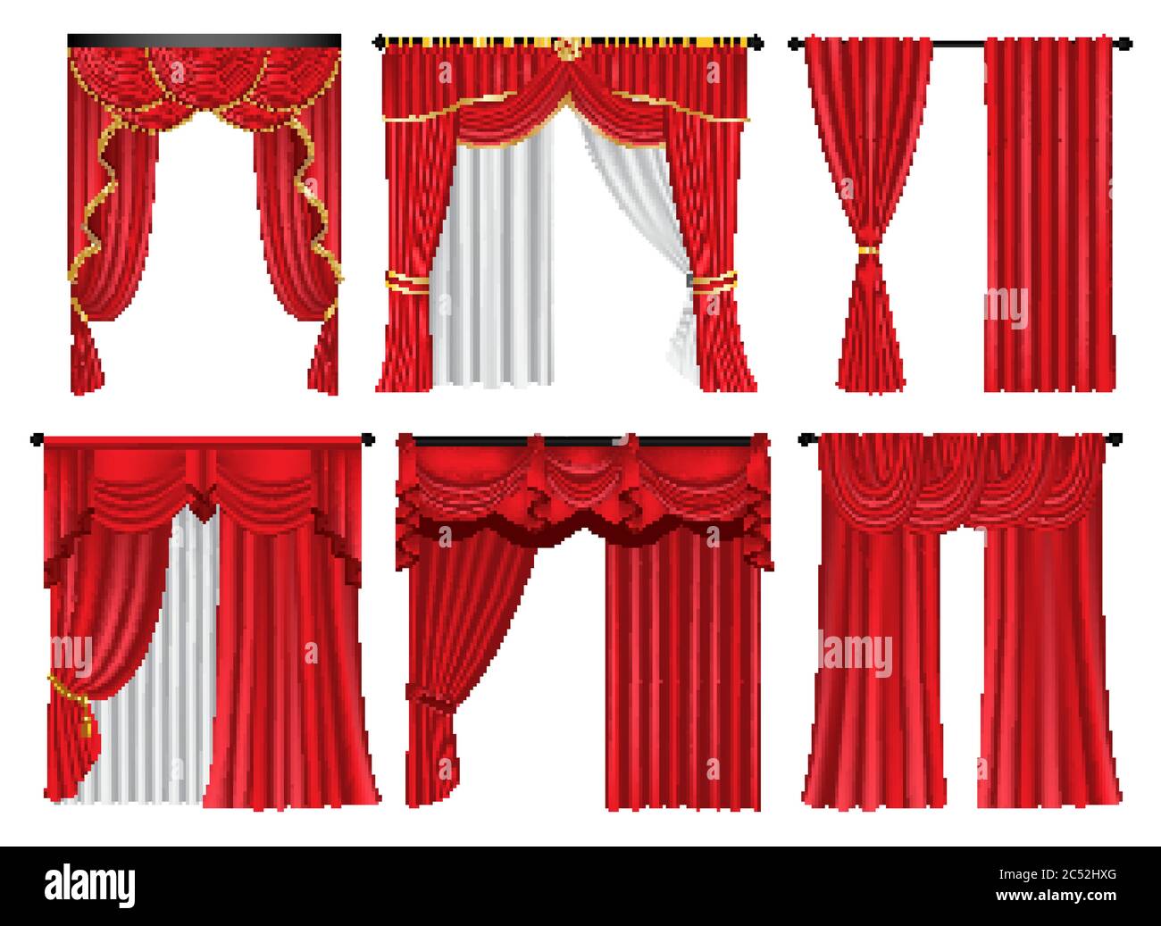 Set of red luxury curtains and draperies on white background, realistic ...