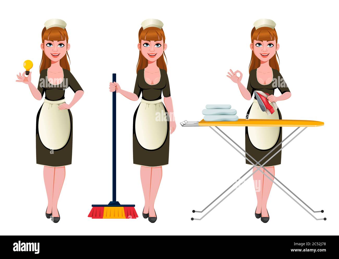 Maid, cleaning lady, smiling cleaning woman, set of three poses ...