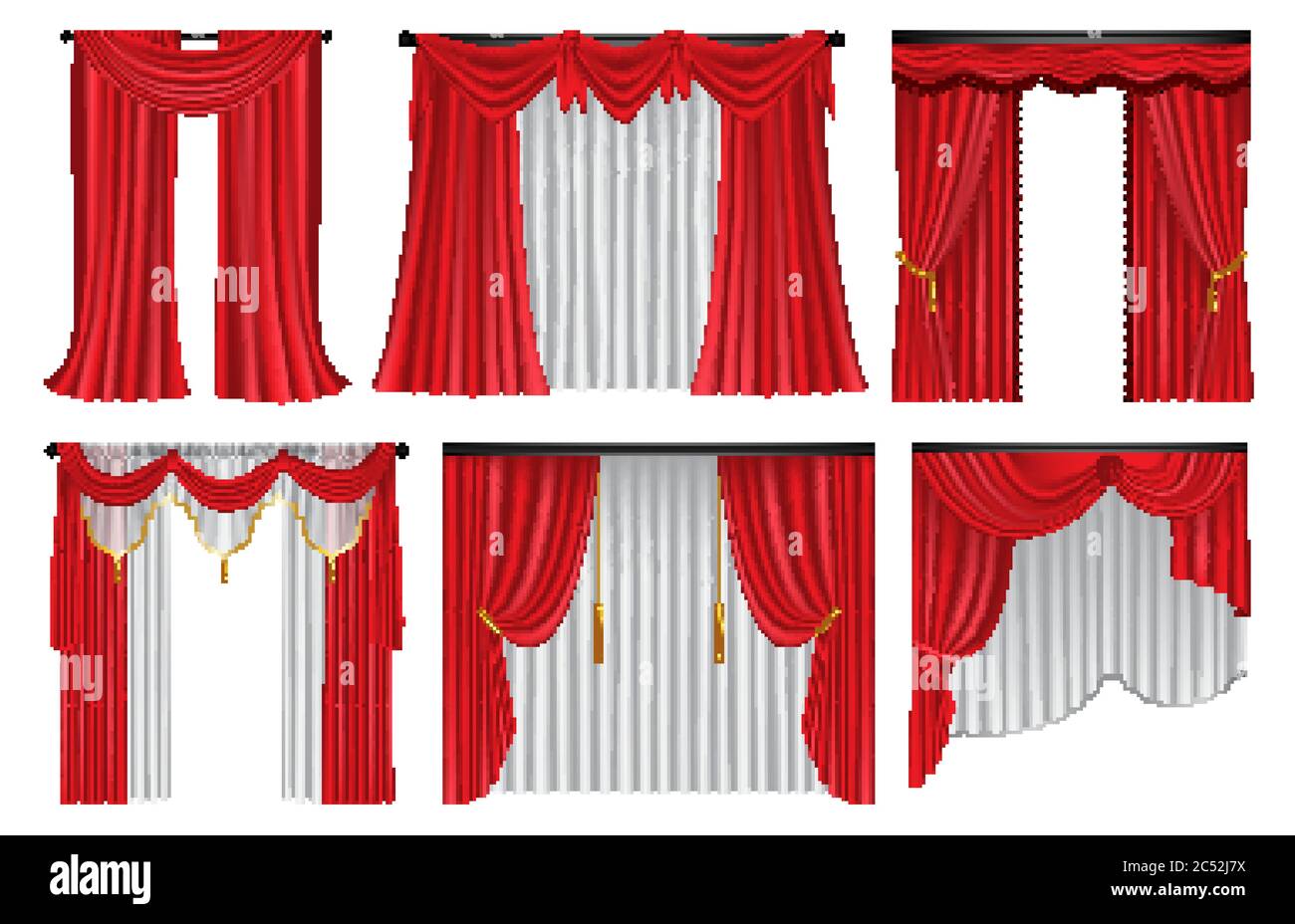 Set of red luxury curtains and draperies on white background, realistic ...