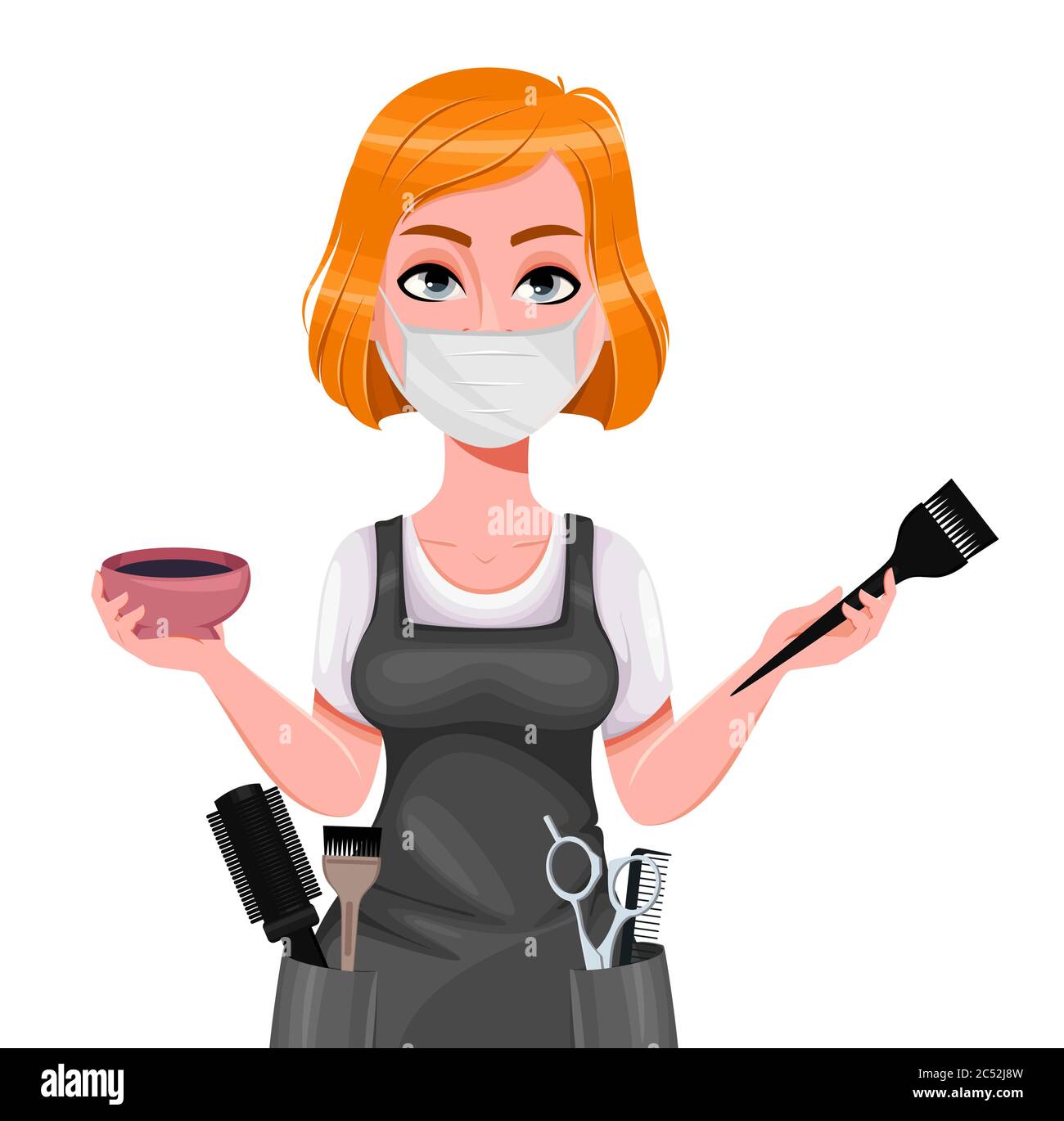Beautiful redhead girl hairdresser holds hair dye and brush. Cute woman ...