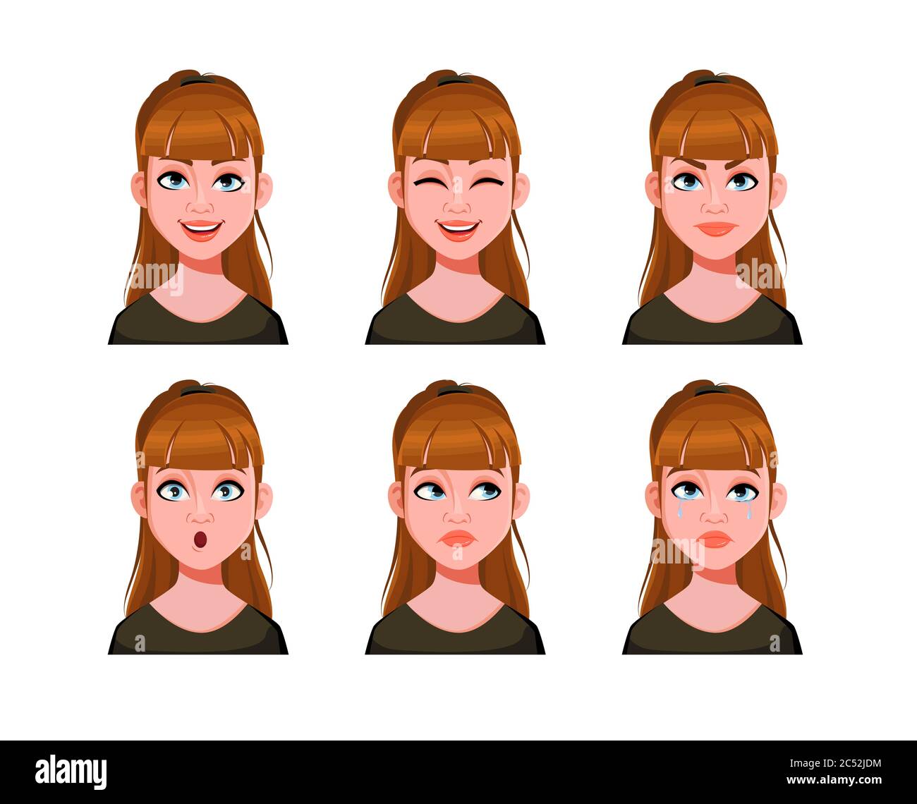 Emotions of cute lady. Face expressions of woman with brown hair ...