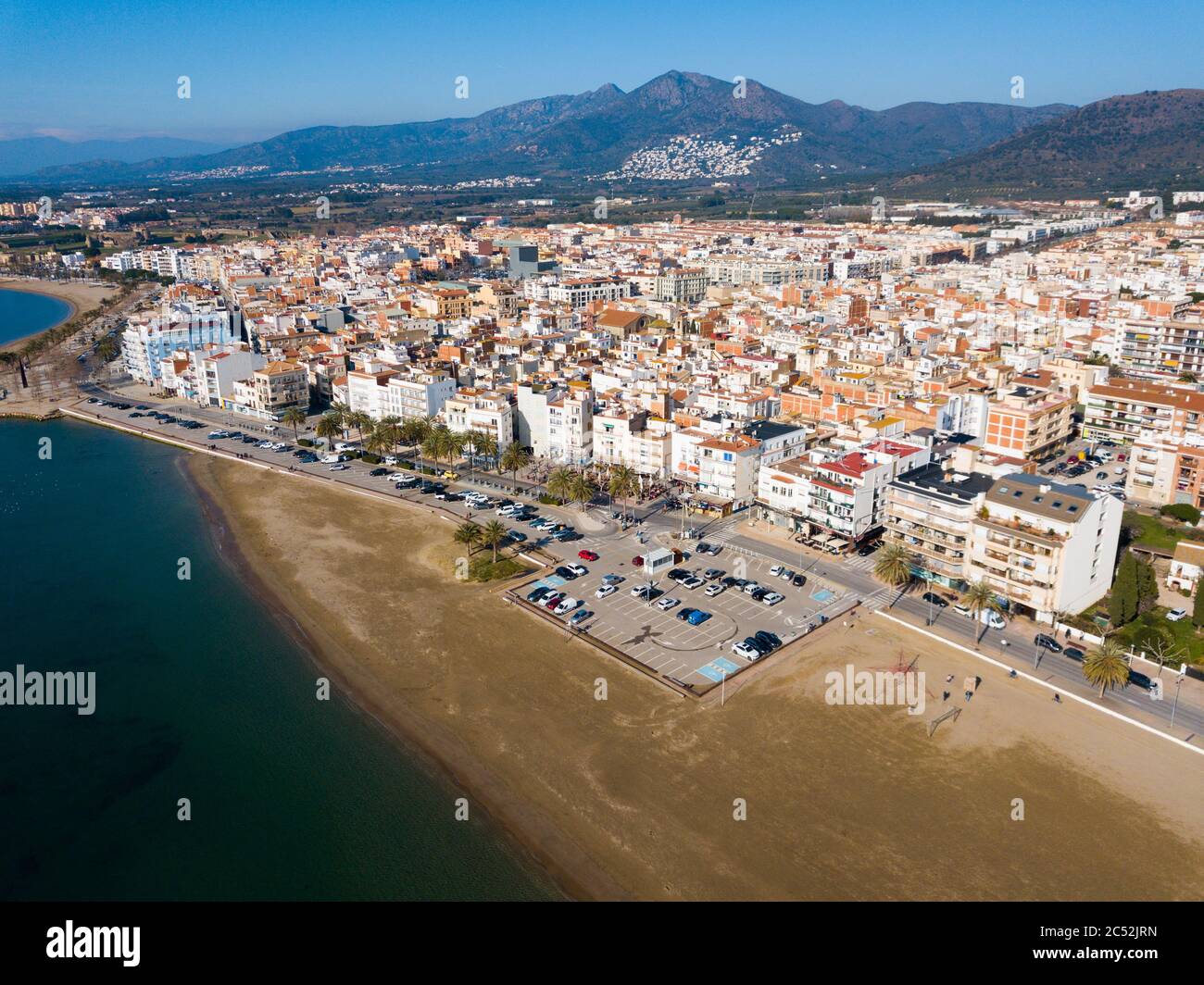 Aerial view of center and embankment of resort town Roses, Catalonia ...