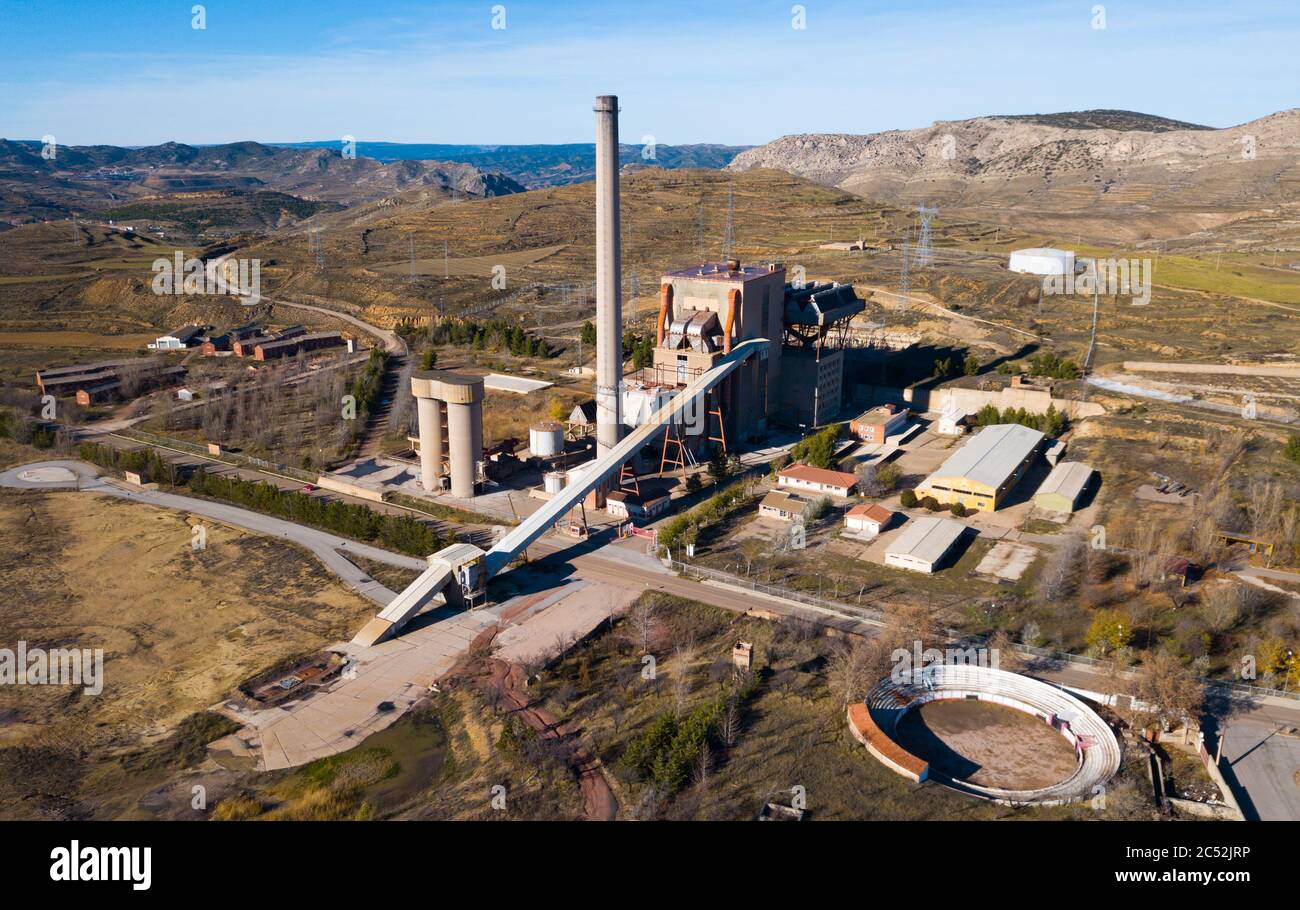 Closed thermal power plant in the village of Escucha. Spain Stock Photo ...