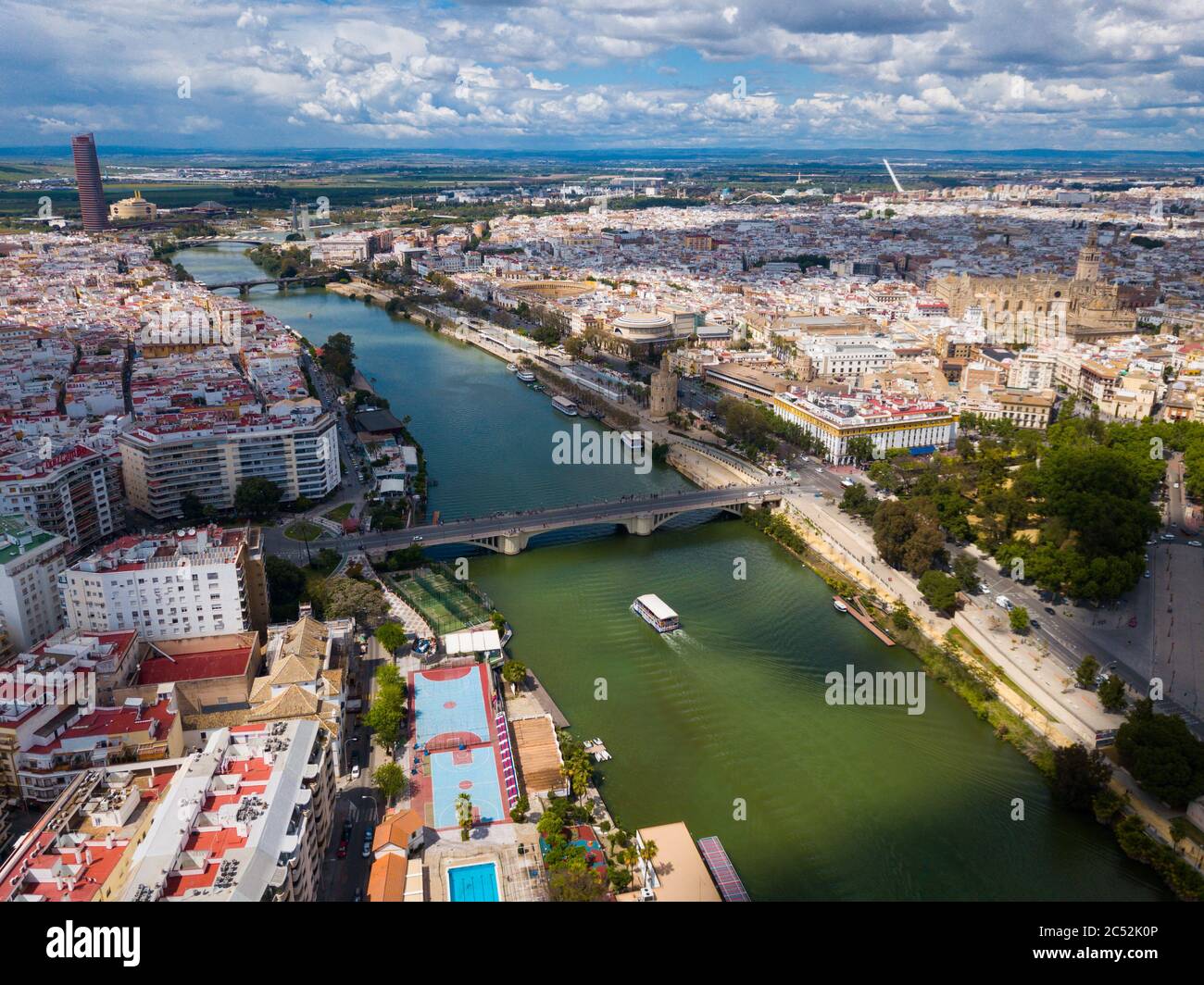 Aerial view Sevilla of city center with embankment of Guadalquivir ...