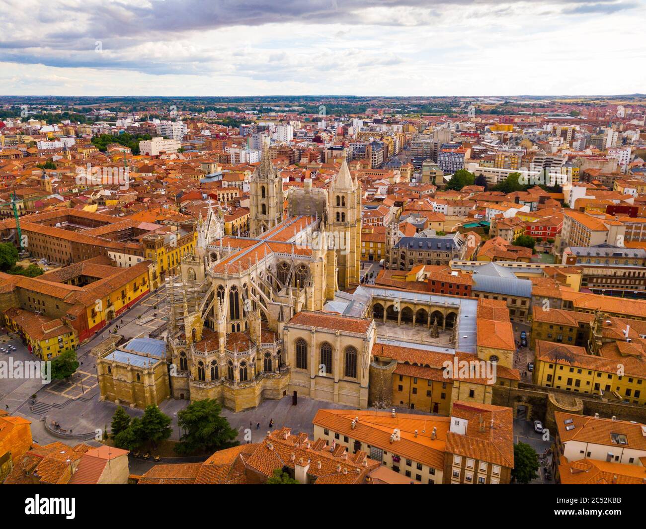 Aerial view of Leon cityscape with Santa María de Leon Cathedral and ...