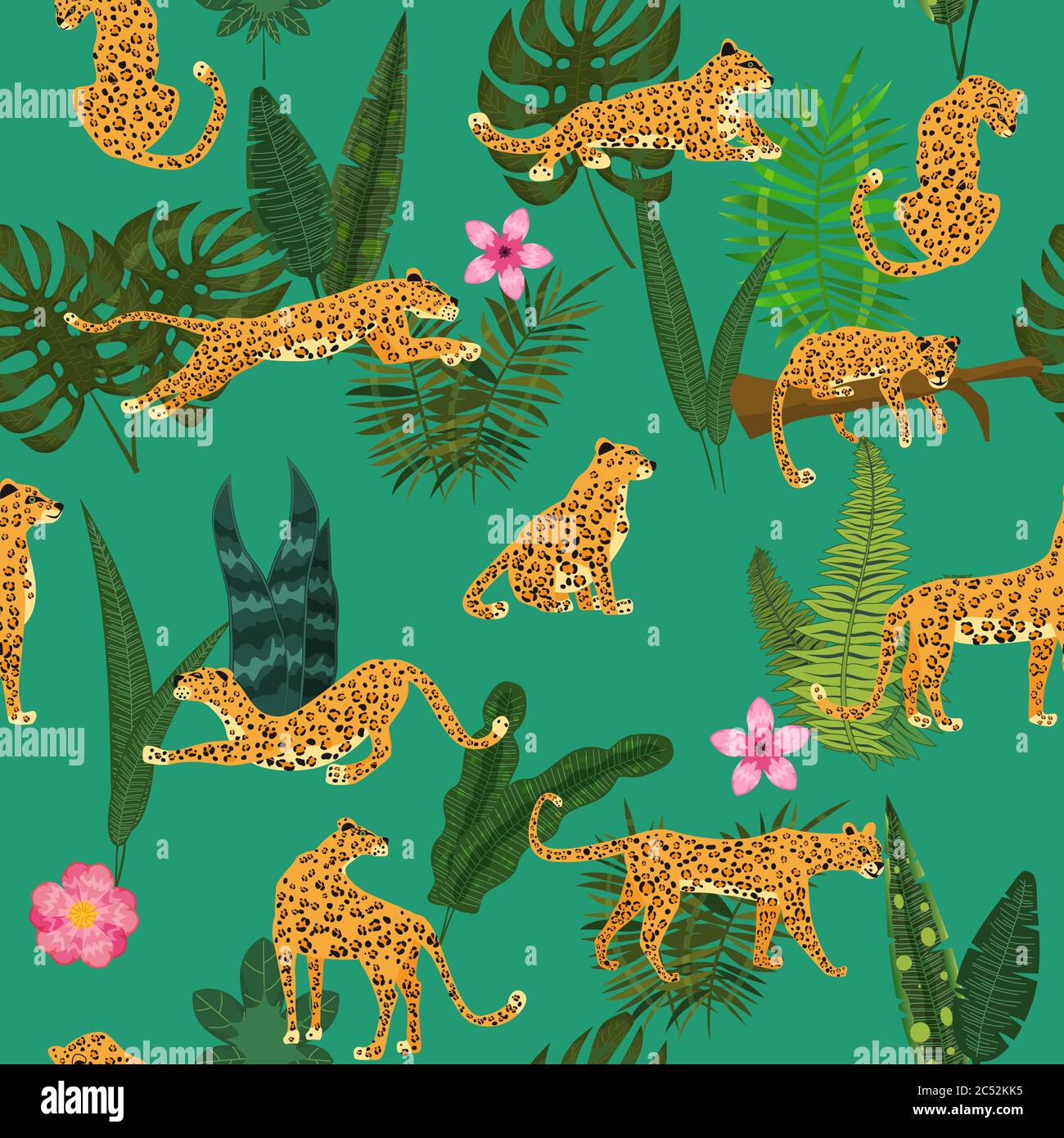 Leopards in different poses with tropical plants leaves flowers ...