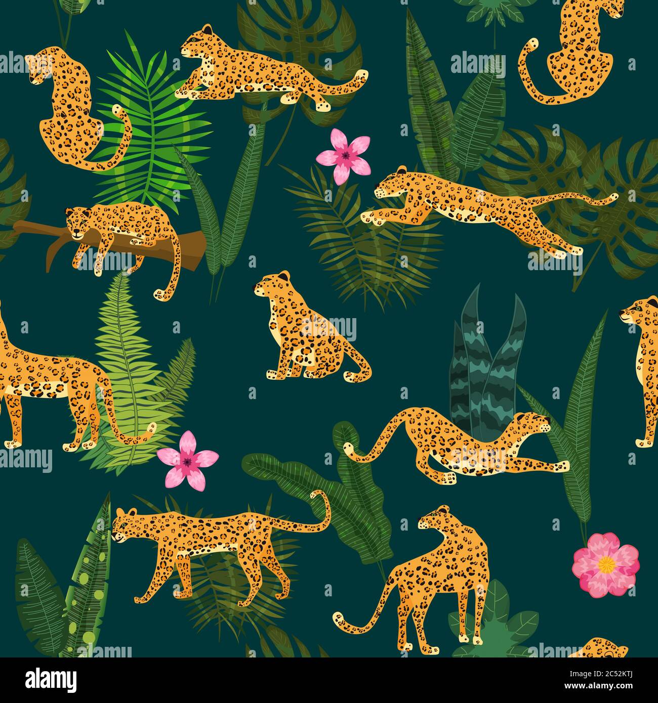 Leopards in different poses with tropical plants leaves flowers ...