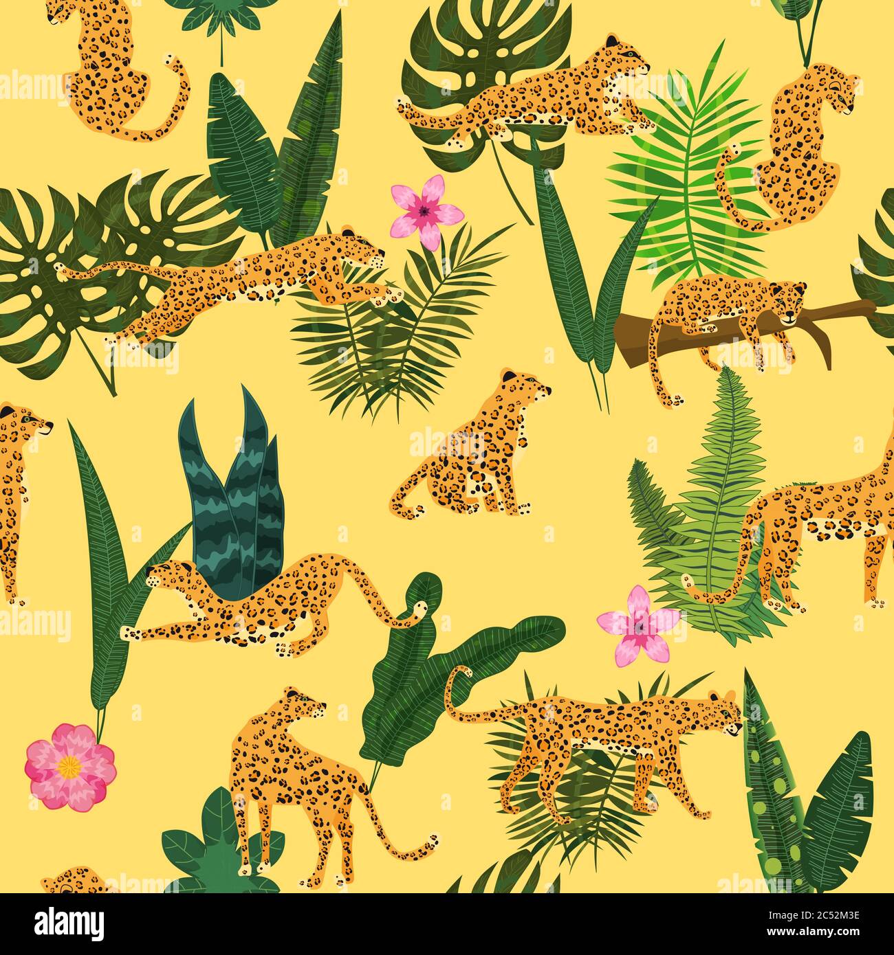 Leopards in different poses with tropical plants leaves flowers ...