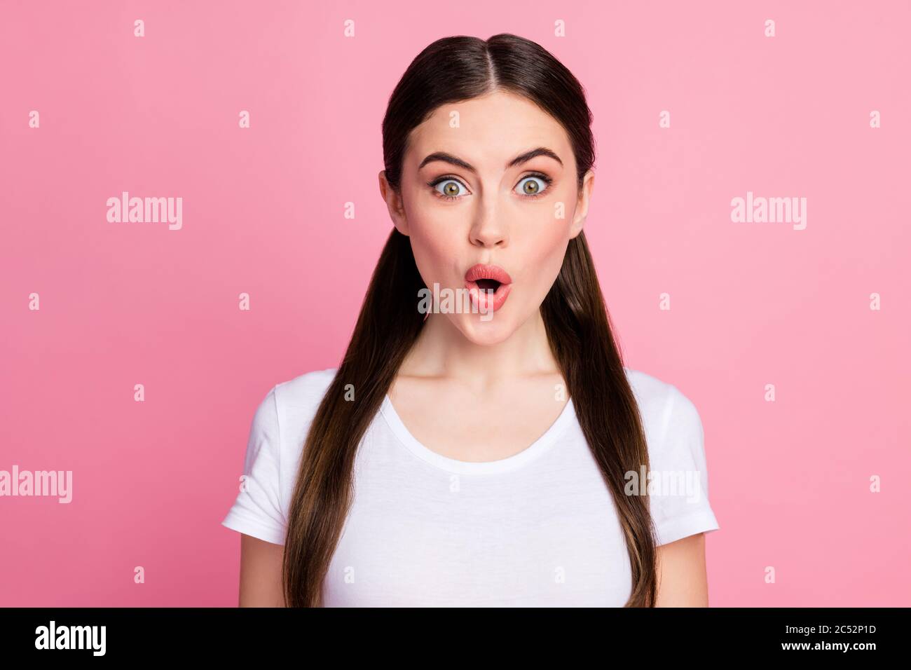Closeup photo of pretty funny lady long hairdo tails open mouth listen ...