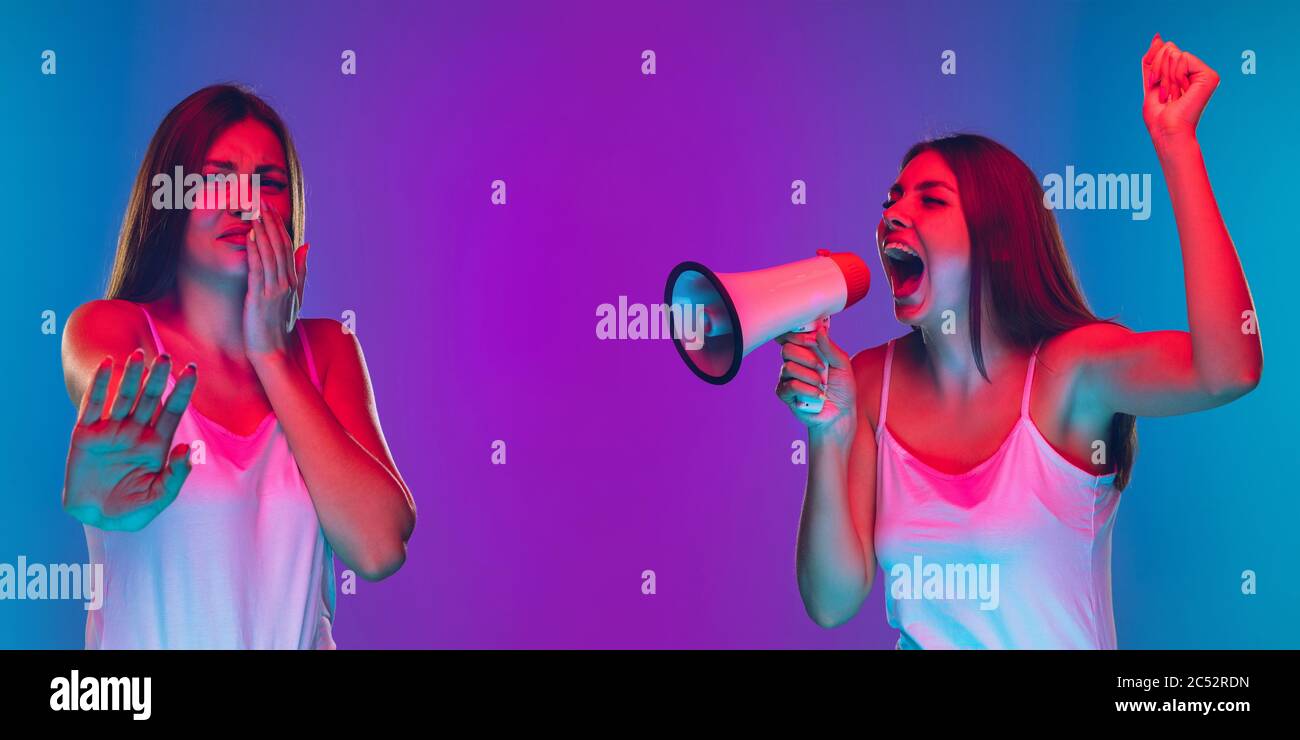 Shouting with megaphone. Caucasian young woman's portrait on blue ...