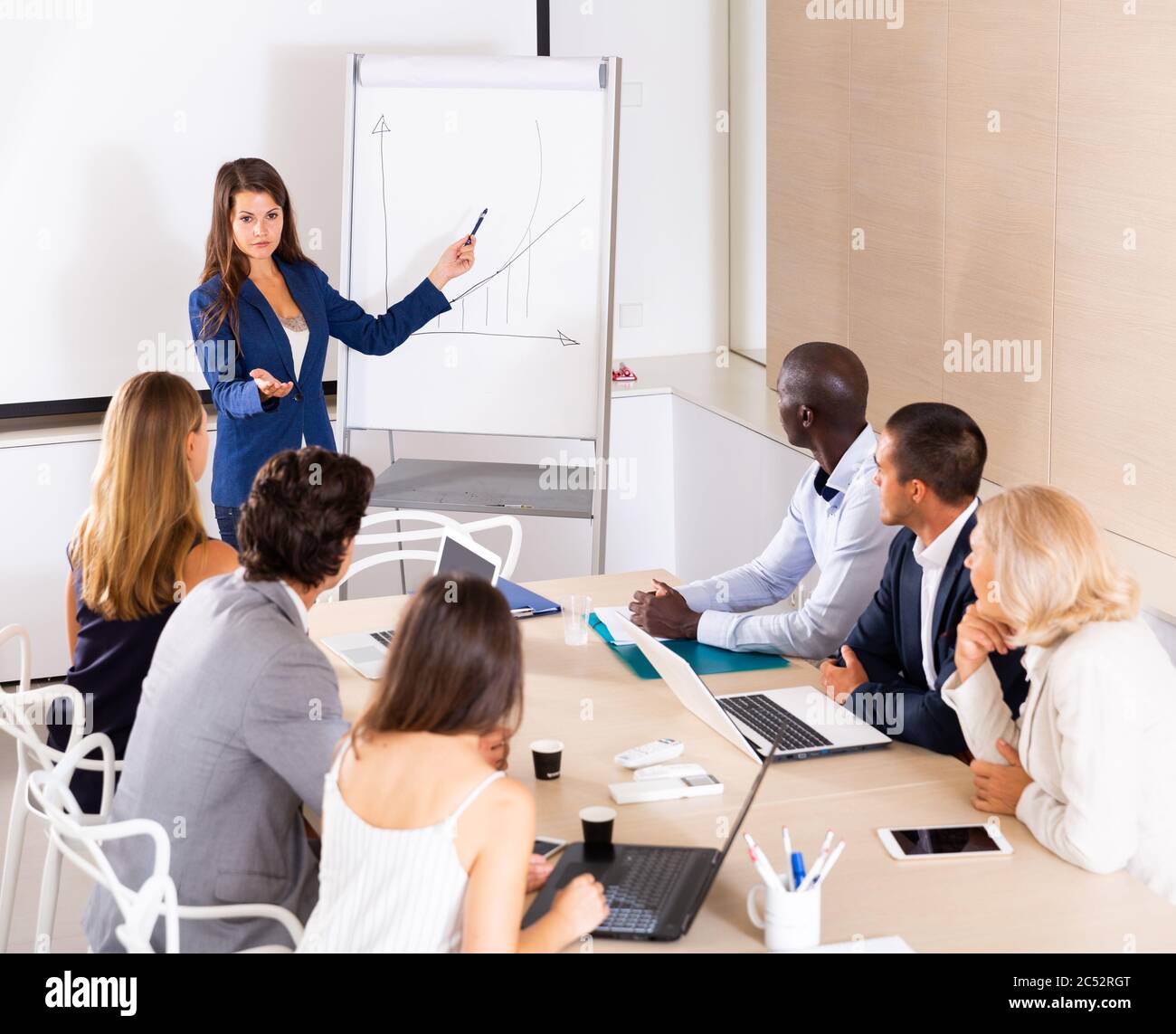 Business woman presenting strategy to colleagues in modern office Stock ...
