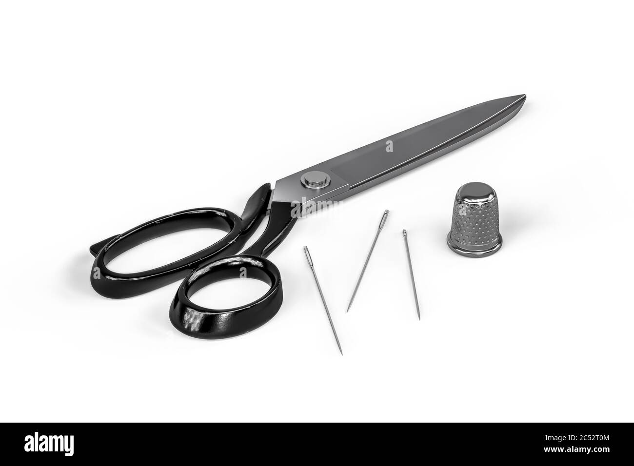 Tailor kit - tailor scissors, three needles and thimble isolated on ...